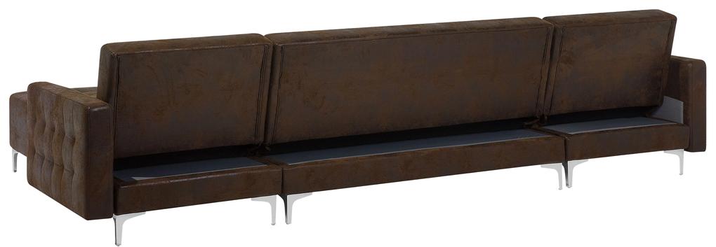 Hnědá rozkládací sedací souprava tvaru U čalouněná imitací kůže, s taburetem ABERDEEN Beliani