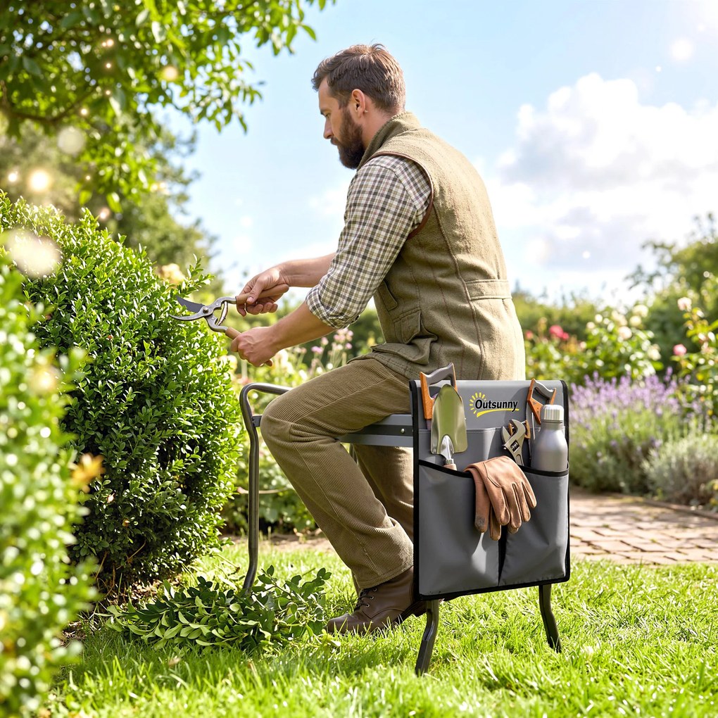 Outsunny Kladívková lavice na zahradní práce, skládací zahradní stolička s polštářem na kolena, kapsami na nářadí, do 150 kg, 58 x 28 x 49 cm, šedá