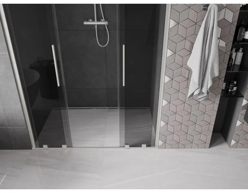 Mexen Velar Duo, posuvné sprchové dveře do otvoru 150 cm, 8mm šedé sklo, broušená ocel, 871-150-000-42-97