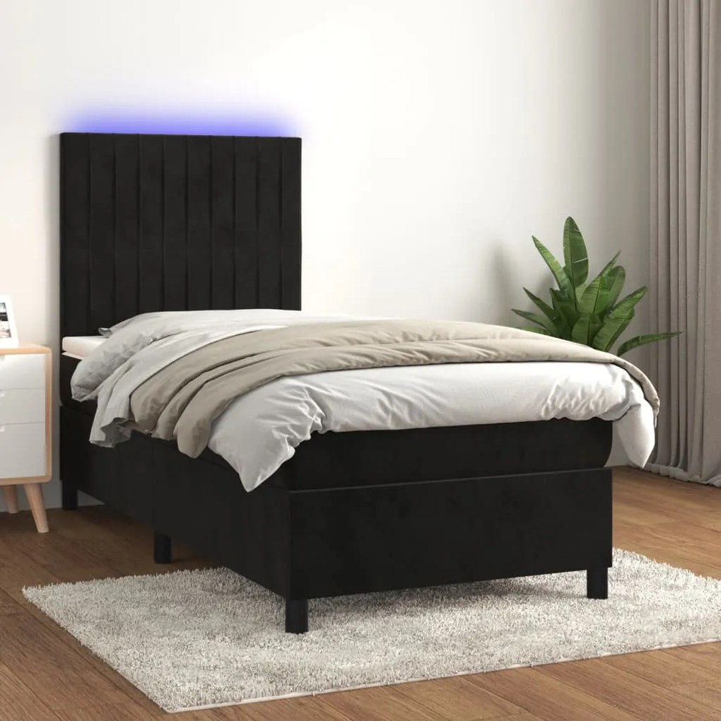 Box spring postel s matrací a LED černá 100x200 cm samet