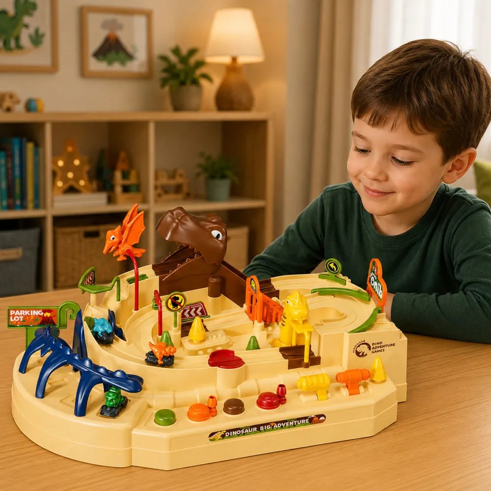 LEAN Toys Interaktivní dovednostní dráha s dinosaury – 8 výzev, vozidla