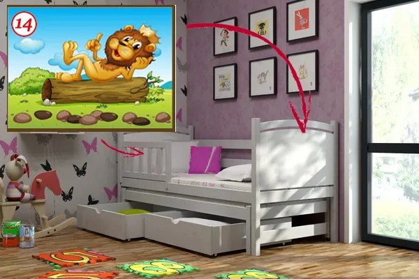 Vomaks Dětská postel s výsuvnou přistýlkou DPV 005 - 14) Lev + zásuvky Bezbarvý ekologický lak 180 cm x 80 cm
