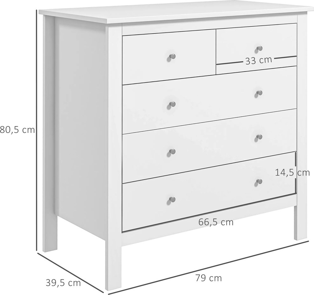 HOMCOM Komoda s 5 zásuvkami - Moderní úložná skříňka pro obývací pokoj, ložnici a chodbu, bílá, 79 x 39,5 x 80,5 cm
