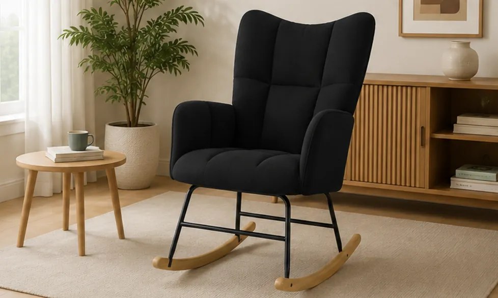 relaxační křeslo, houpací, dřevo/kov/textil, 96x62x79 cm, nohy světlé/černá, Dekorino KR20260134
