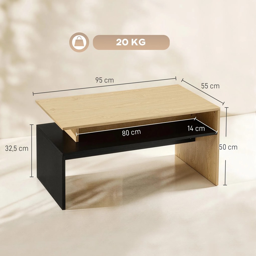 HOMCOM Moderní dvoubarevný konferenční stolek s posunutými úrovněmi a odkládacím prostorem, 95 x 55 x 50 cm, přírodní dřevo a černá