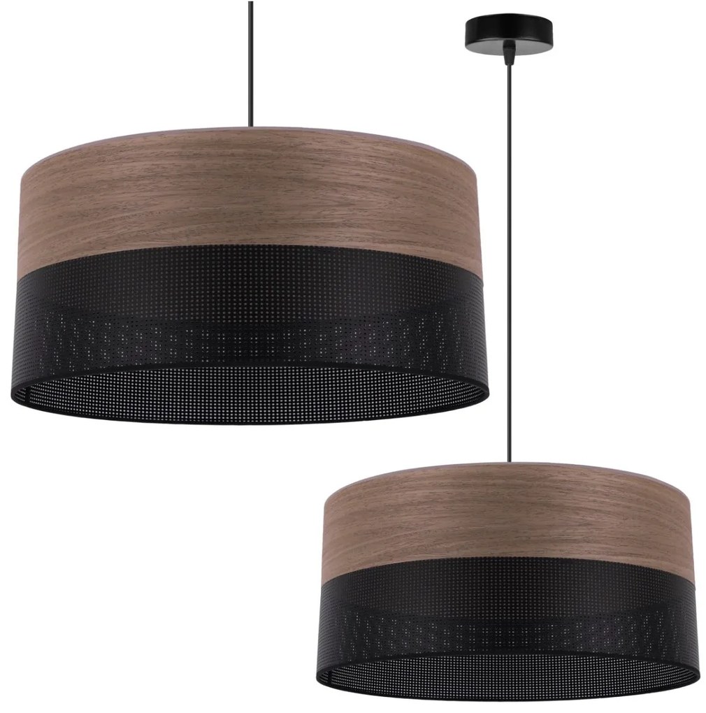 Závěsné svítidlo Wood, 1x hnědá ořechová dýha/černé plastové stínítko, (fi 44cm)