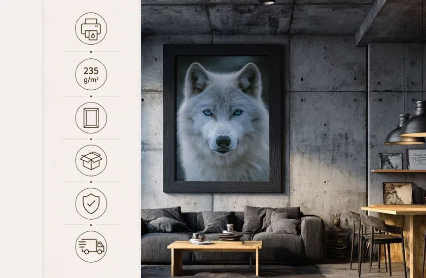 Ledový pohled - obraz - Bílý vlk s modrýma očima 27 - 70 x 100 cm - 1 149 Kč