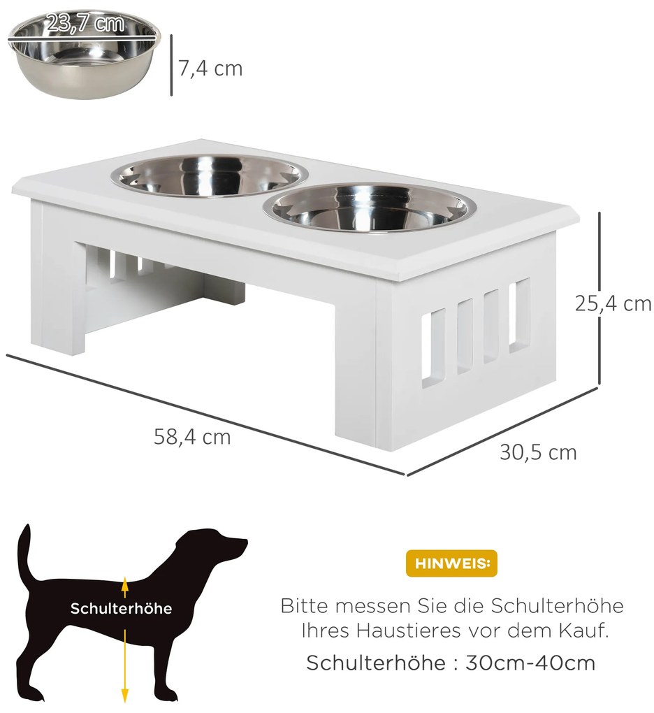 PawHut Zvýšená miska pro psy Miska na krmivo s nerezovými miskami 58,4x30,5x25,4cm MDF Protiskluzová Snadná údržba Bílá pro psy | Aosom.de