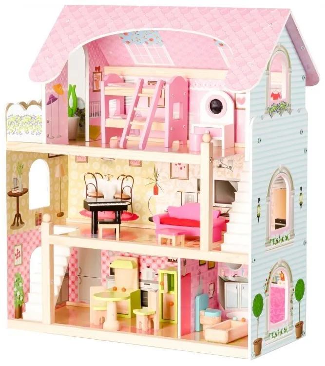 Dřevěný domeček v růžové barvě s panenkami