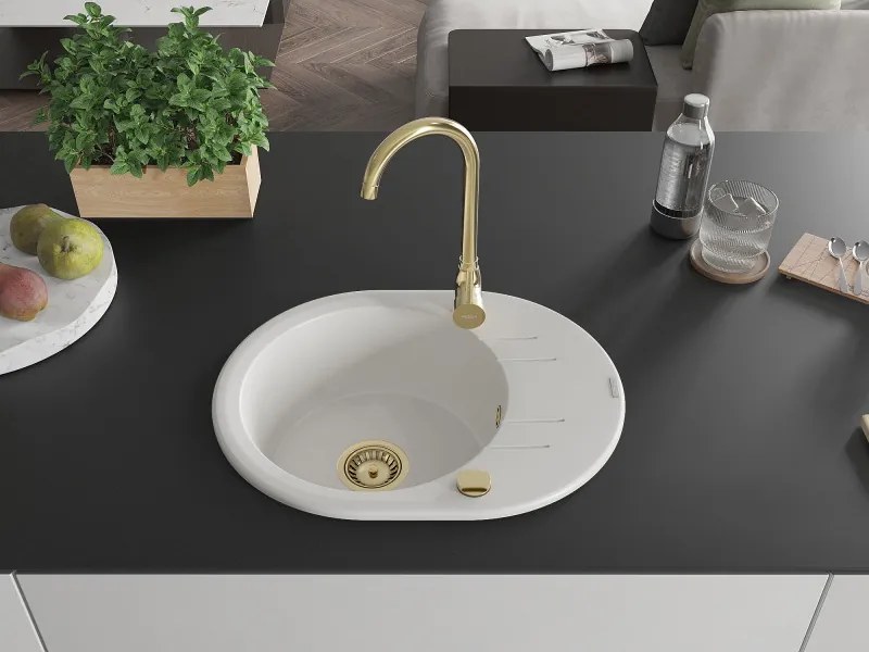 Mexen Kevin, granitový dřez 586x458x190 mm, 1-komorový, bílá se zlatým sifonem, 6517581005-20-G