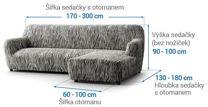 Bielastické potahy UNIVERSO NOVÉ žíhané černobílé sedačka s otomanem vpravo (š. 170 - 300 cm)