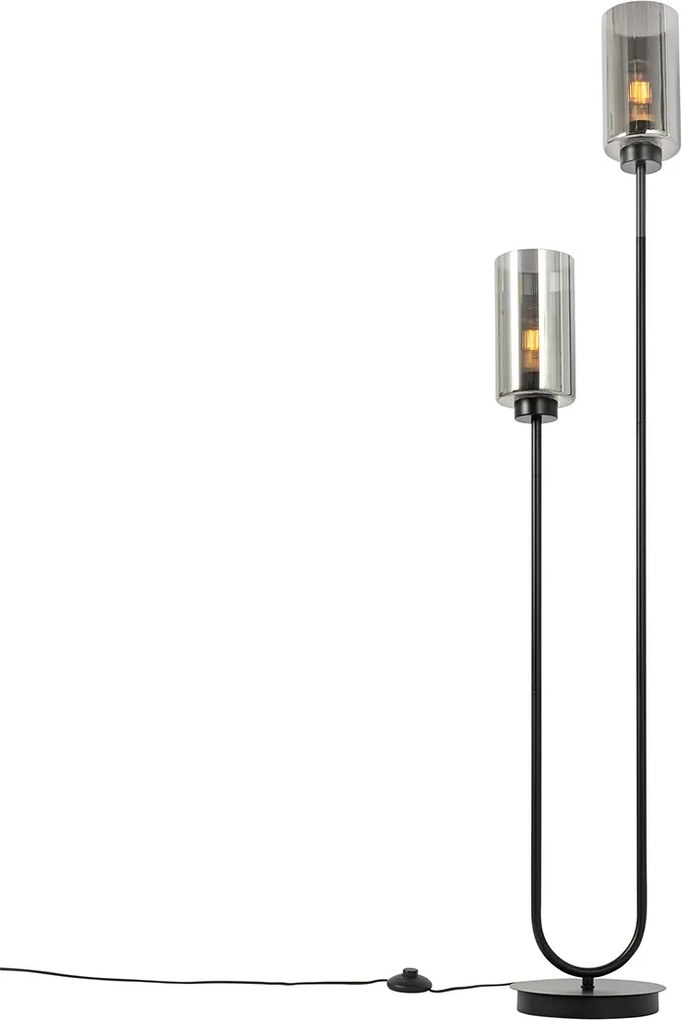 Art Deco stojací lampa černá s kouřovým sklem 2-světlo - Laura