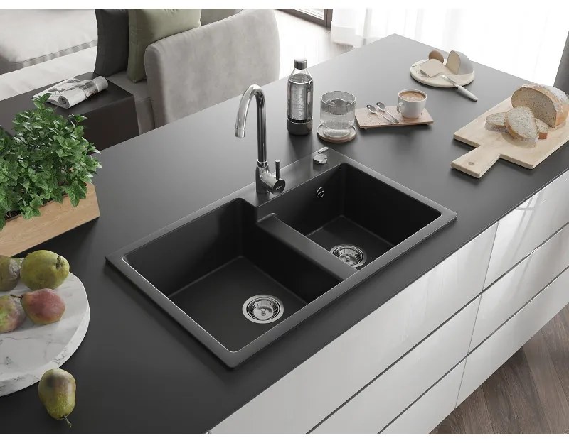 Mexen Tomas, granitový dřez 800x500x190 mm, 2-komorový, černá, 6516802000-77