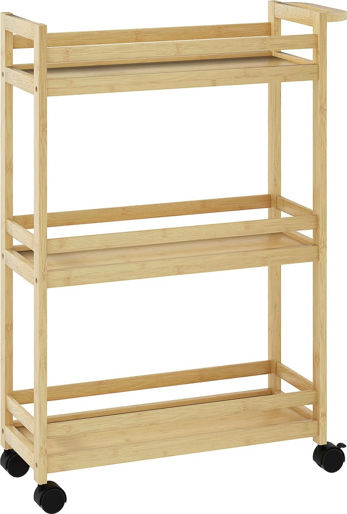 HOMCOM 3-vrstvý bambusový koupelnový regál na kolečkách do obývacího pokoje a kuchyně 55x20x75 cm přírodní | Aosom