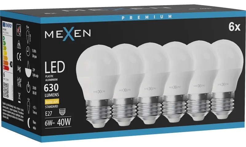 Mexen Nova 6x LED žárovka E27, G45, 6W, Teplá - 3000K, 630 lm - L101-E27-0630-01x06
