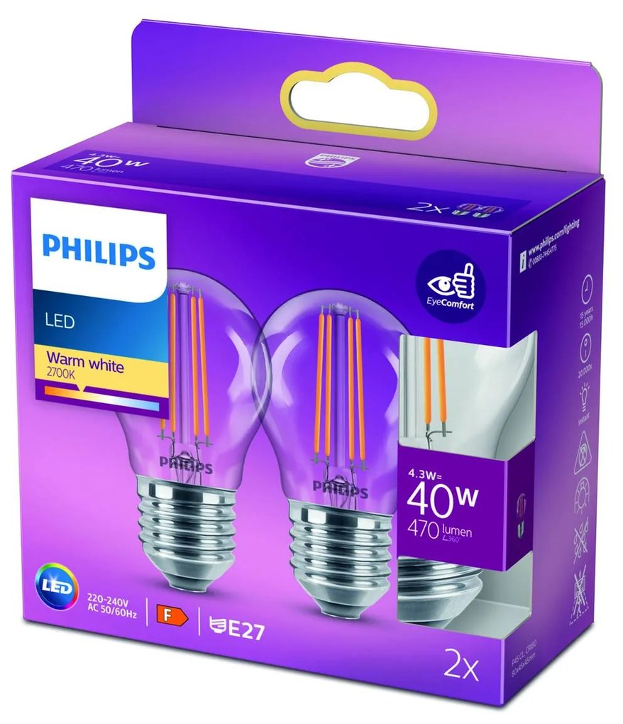 Philips LED žárovka E27 P45 4,3W filament 2700K 2k