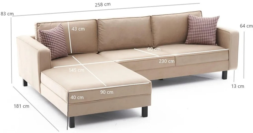 Hanah Home Sametová pohovka KALE krémová levá 825BLC2725