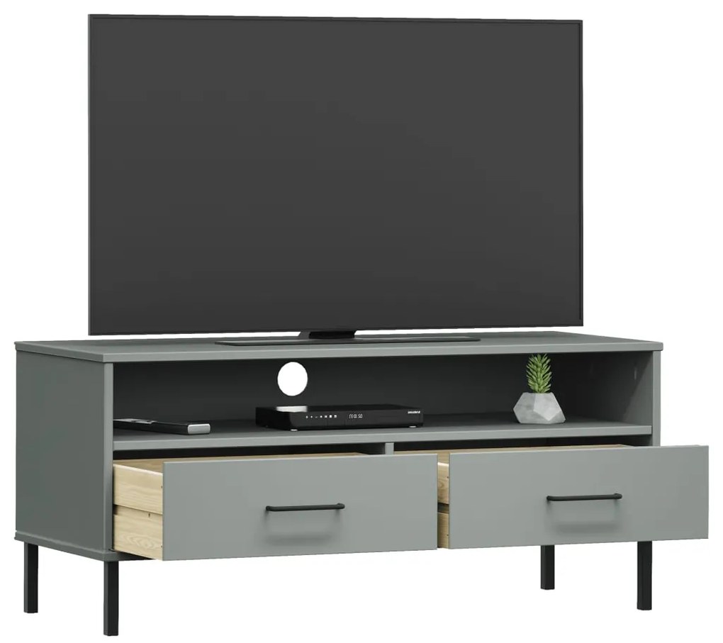 TV stolek Oslo s kovovými nohami - masivní borové dřevo | šedý