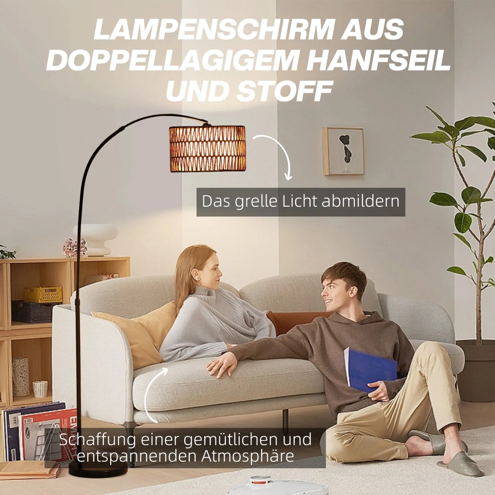 HOMCOM Stojací lampa s kloboukem z konopného provazu, výškově nastavitelná, nožní spínač, kov, černá