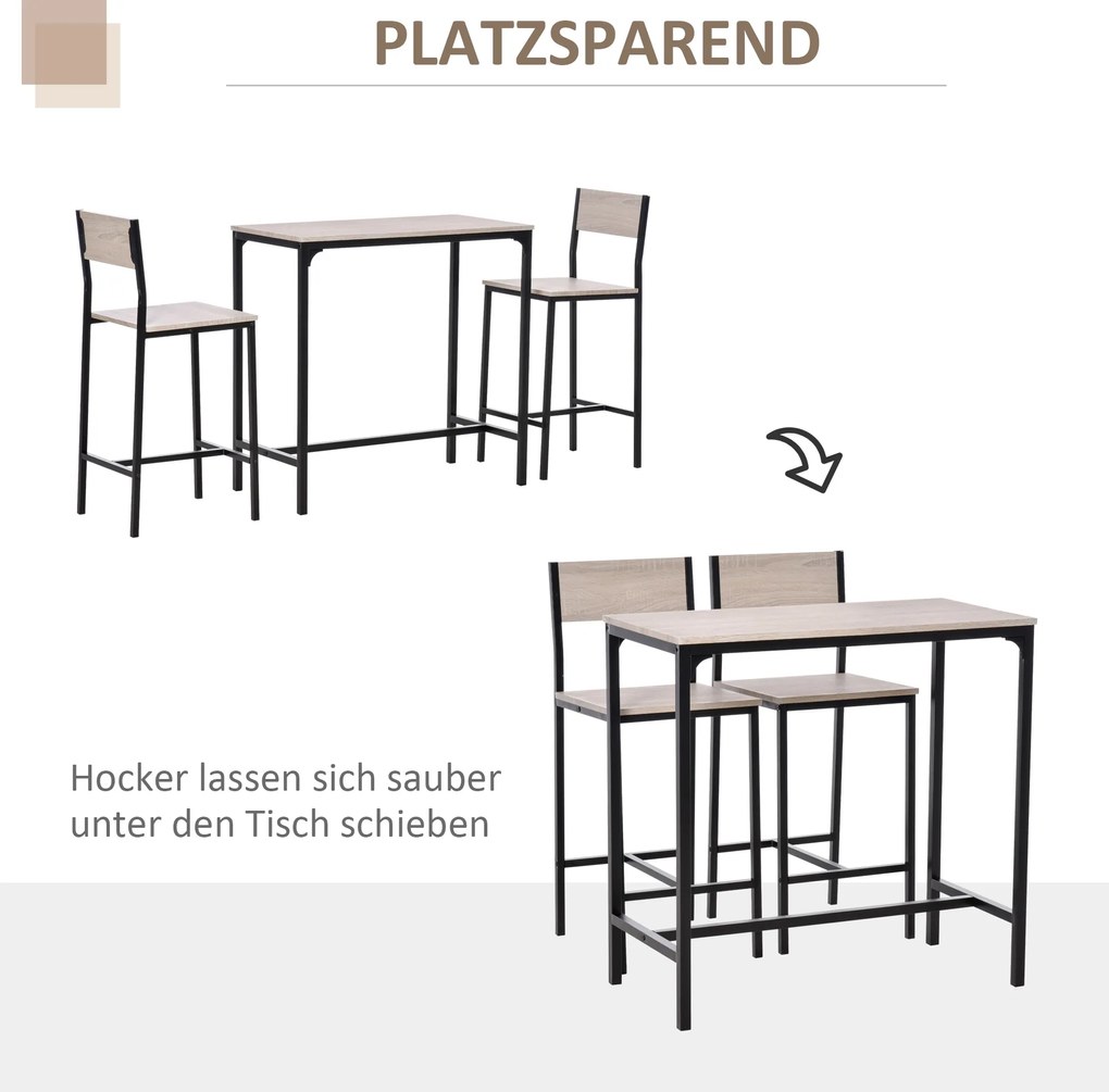 HOMCOM Barový stůl se 2 židlemi 3-dílná stolová sestava barová židle MDF v přírodní a černé barvě 89x45x87cm do kuchyně a jídelny | Aosom.de