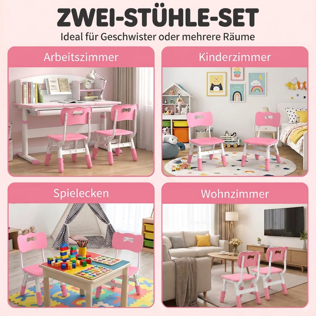 AIYAPLAY dětská židle k psacímu stolu, 2kusová sada, výškově nastavitelná 26-30 cm, ergonomické opěradlo, bez područek pro 1,5–8 let, růžová