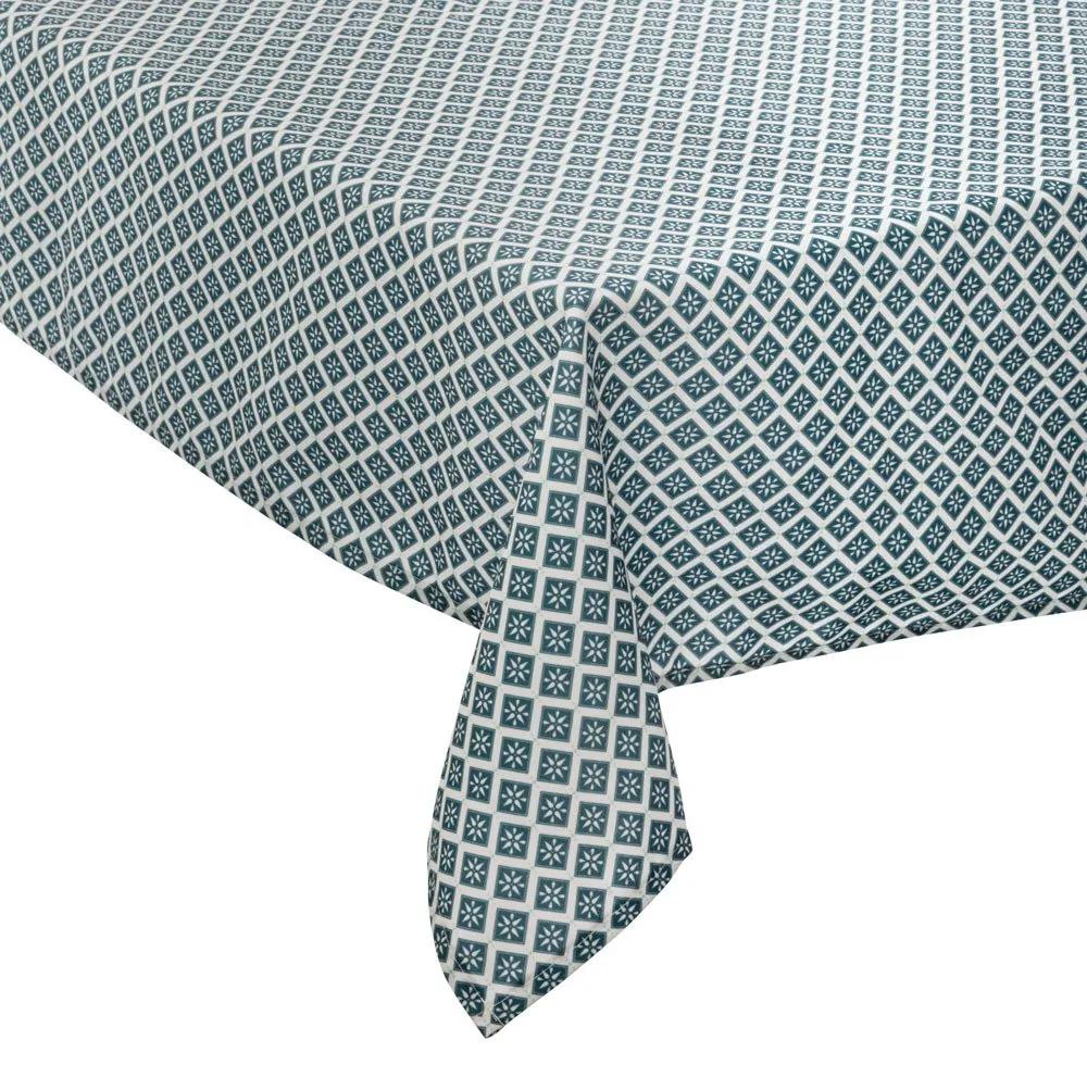Ubrus bílo-modré barvy o rozměrech 140 x 240 cm, vyrobený z polyesteru, ozdoba každého stolu