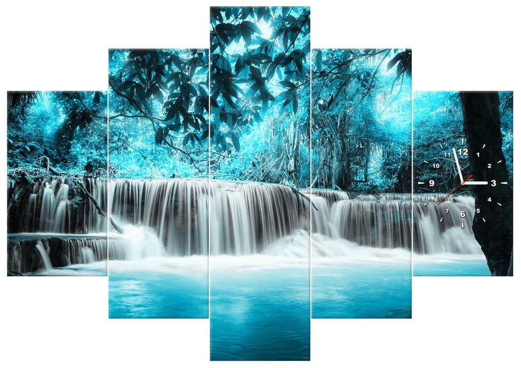 Gario Obraz s hodinami Vodopád v modré džungli - 5 dílný Rozměry: 150 x 105 cm