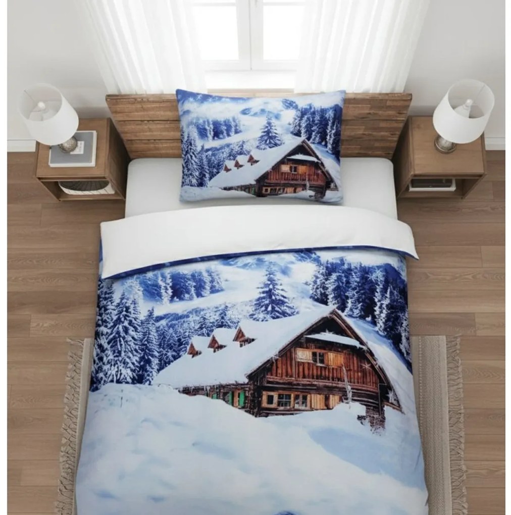 3D povlečení z mikrosaténu WINTER CHALET, bílé Rozměr povlečení: 70 x 90 cm | 140 x 200 cm