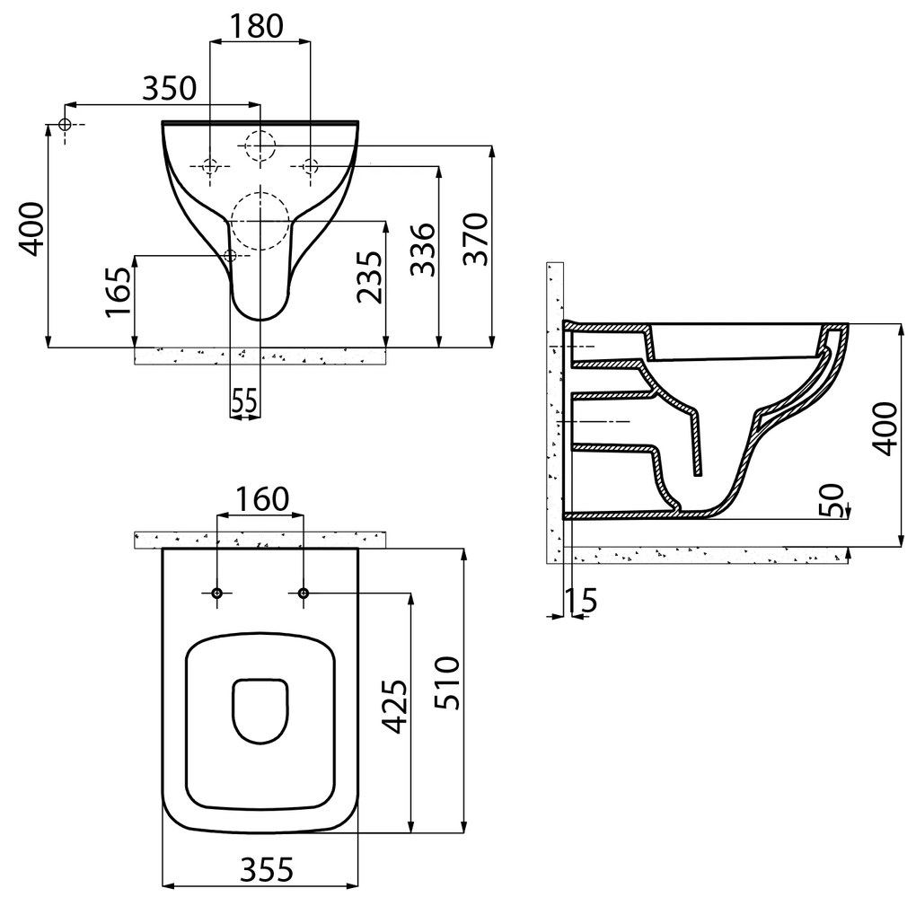 Aqualine, BENE závěsná WC mísa, 35,5x51 cm, bílá, BN320