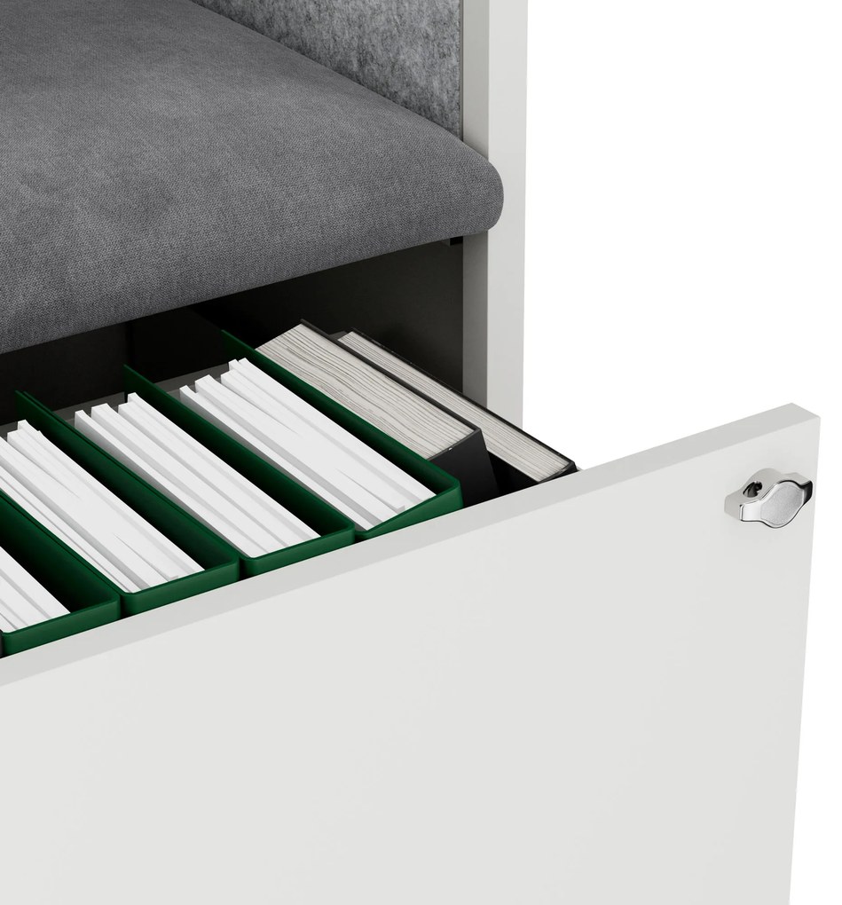 Kancelářská akustická kabina se sedátkem a USB-C portem, korpus bílý / sedák šedá, 1150 mm: SALLY MentalBox