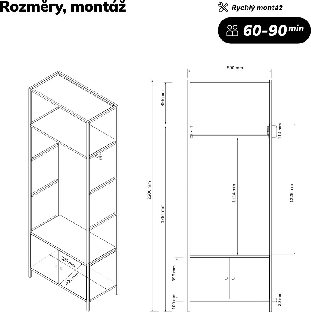 Kancelářský regál otevřený s tyčí na oblečení, do recepce a čekárny, kovový, černý, 800x2200x400 mm: ARIEL
