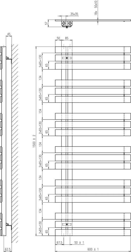 Sapho Silvana koupelnový radiátor 600 x 1500 mm středové černá mat IR156B
