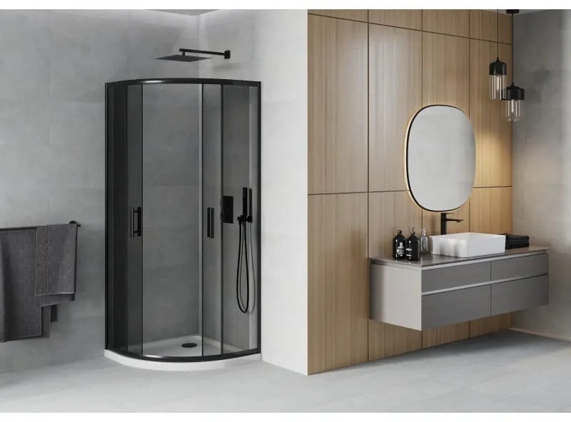 Mexen Rio, čtvrtkruhový sprchový kout s posuvnými dveřmi 90 (dveře) x 90 (dveře) x 190 cm, 5mm šedé sklo, černý profil + bílá sprchová vanička Slim, 863-090-090-70-40-4110B