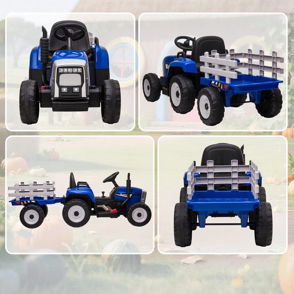 HOMCOM Elektrický dětský traktor s dálkovým ovládáním a přívěsem, MP3 světlomet, 3-6 km/h, pro děti od 3 do 6 let, modrý |
