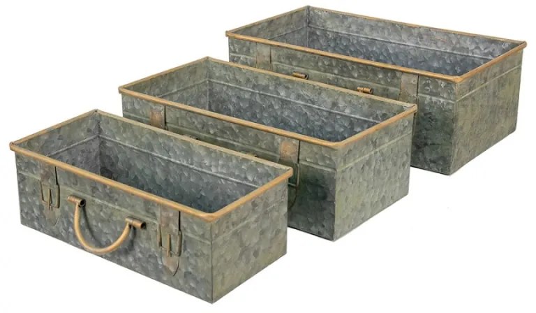 3ks dekorační plechový antik obal na květináč ve tvaru kufru – 46x27x16 / 41x22x14 / 36x17x12 cm