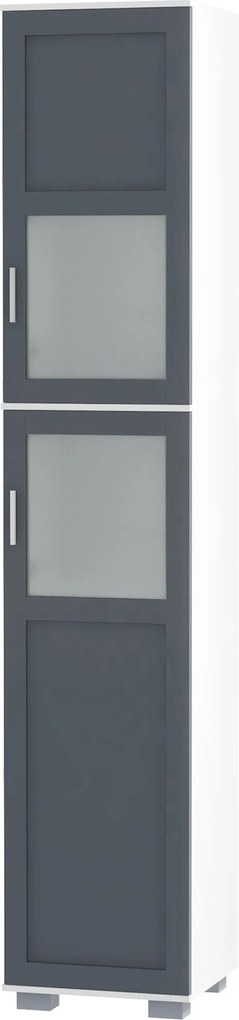 Kleankin Vysoká Koupelnová Skříň s 2 Skleněnými Dveřmi a Nastavitelnými Policemi 37x35x190 cm Bílá a Šedá | Aosom