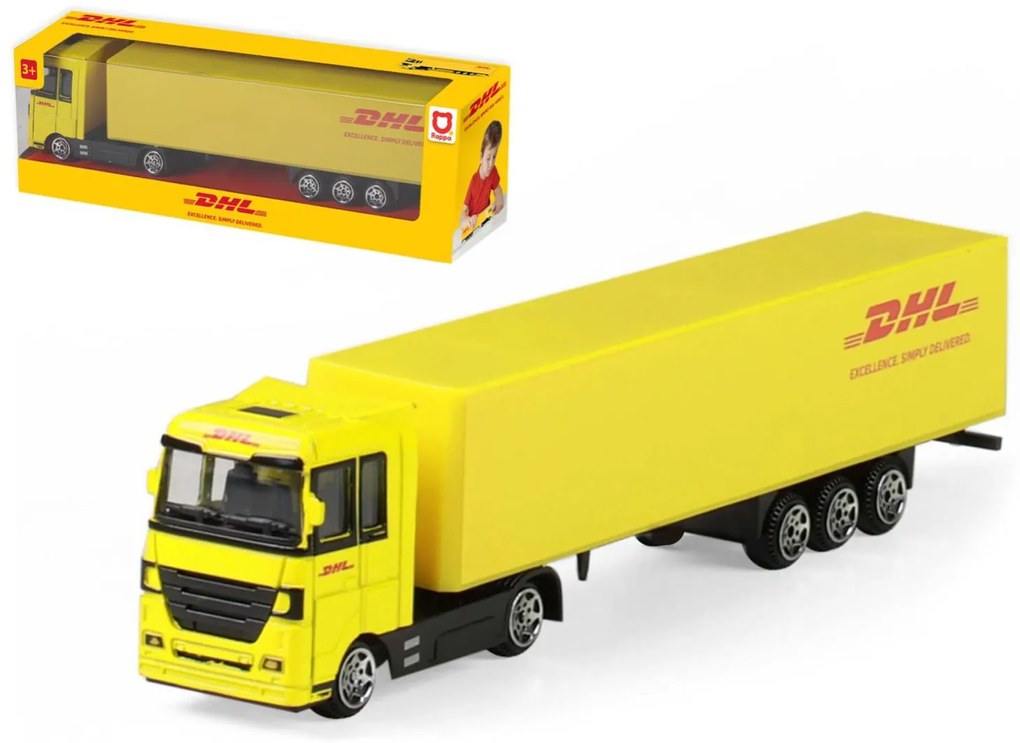 Auto kamion s návěsem DHL plast 19cm na volný chod v krabičce 20x6x4cm