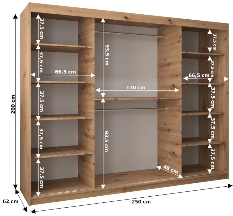 Šatní skříň se zrcadlem ANNA - šířka 250 cm, dub sonoma