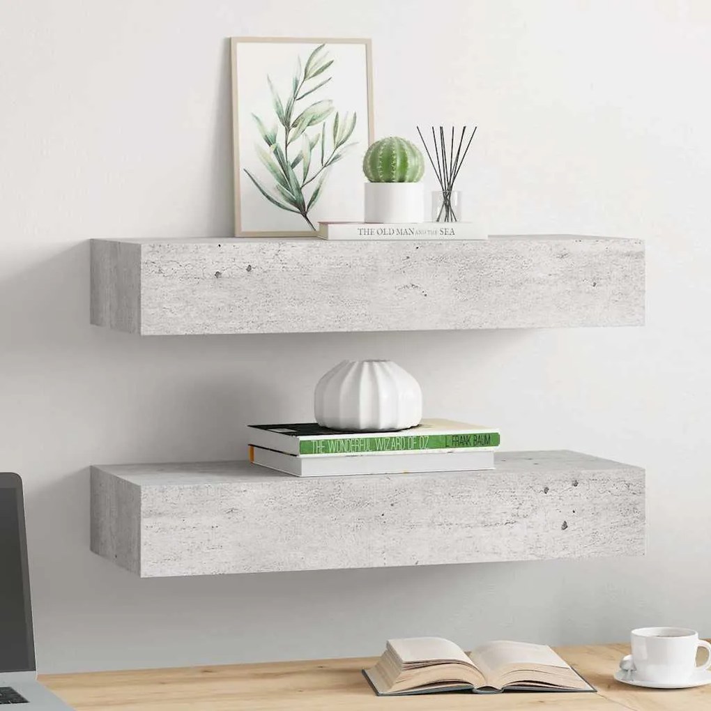 Nástěnné police se zásuvkou 2 ks betonově šedé 60x23,5x10cm MDF 330266
