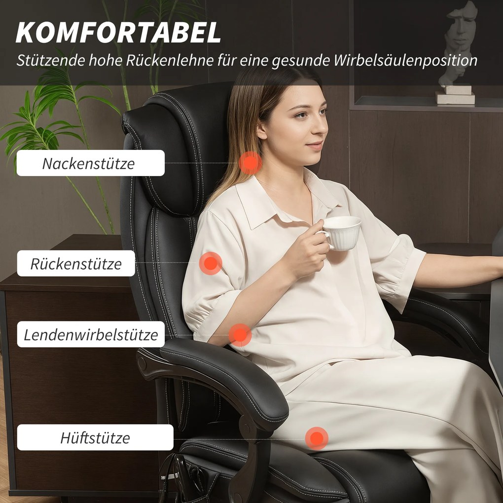 HOMCOM Ergonomická kancelářská židle s masážní funkcí, kancelářská židle s opěrkou nohou, černá umělá kůže