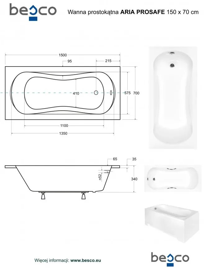 BESCO Obdélníková vana ARIA PROSAFE Nožičky k vaně - S nožičkami, Rozměr vany - 150 × 70 cm VANARIA150PROS+OLVPINOZ