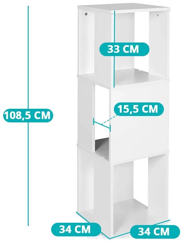 Otočný knihovní regál, 34x34x108 cm, bílý