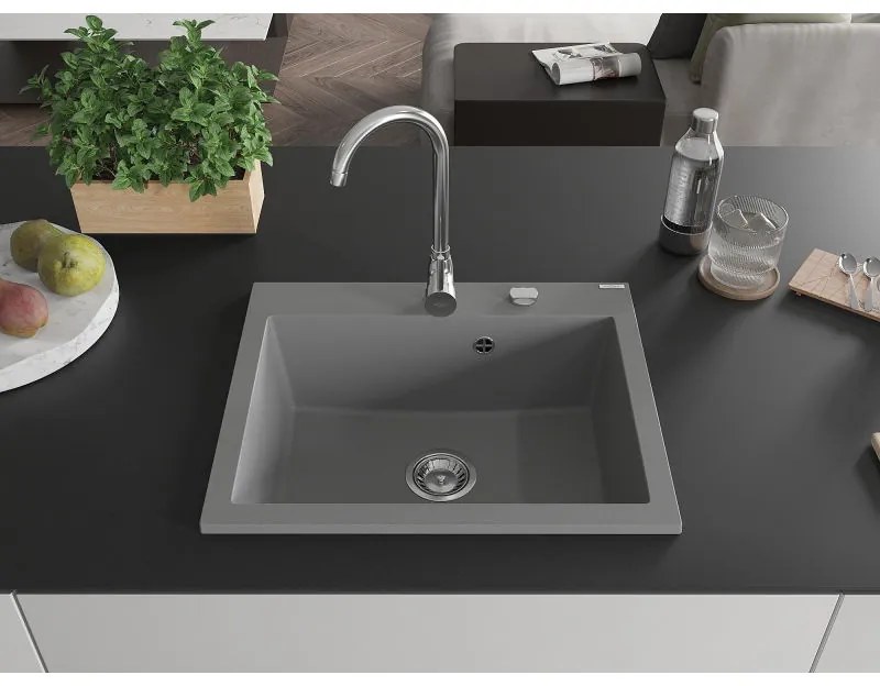 Mexen Elix, 1-komorový granitový dřez 600 x 500 mm, šedý, chromový sifon - 6525601005-71