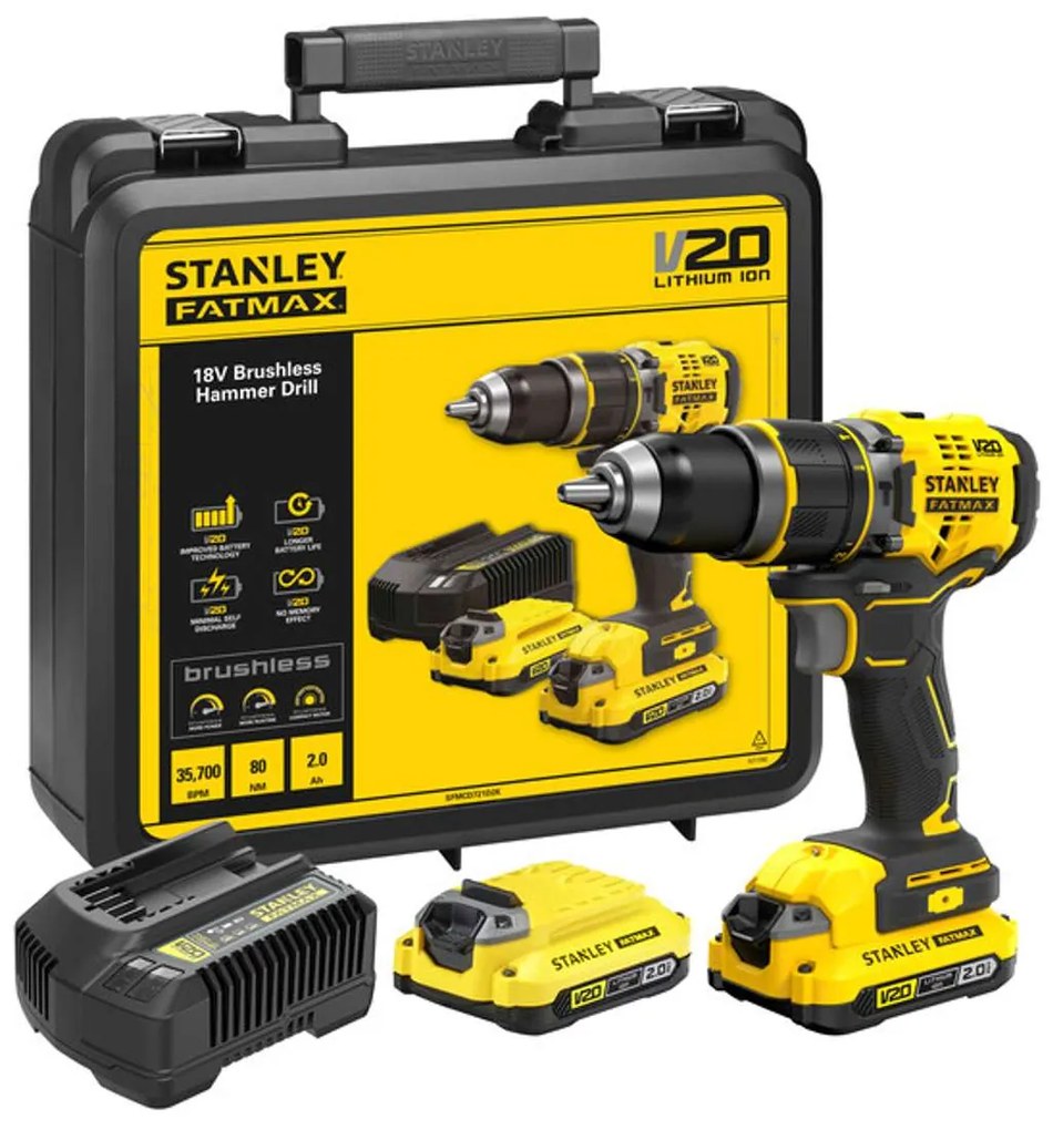 Stanley - 18V AKU vrtačka s příklepem, 2x aku 2,0 Ah Li-ion, nabíječka SFMCD721D2K-QW