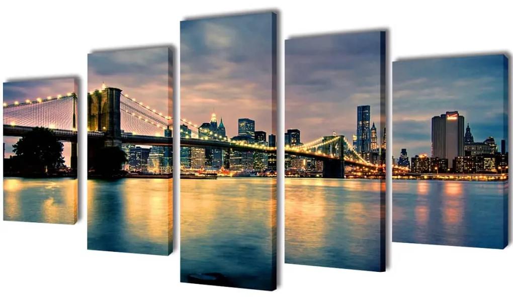 241554 vidaXL Sada obrazů, tisk na plátně, Brooklynský most s řekou, 100 x 50 cm