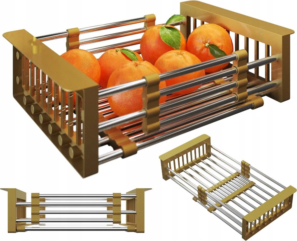 Teleskopický Odkapávač, Skládací Košík, Zlatý, Ocelový, Pro Dřez, Kov