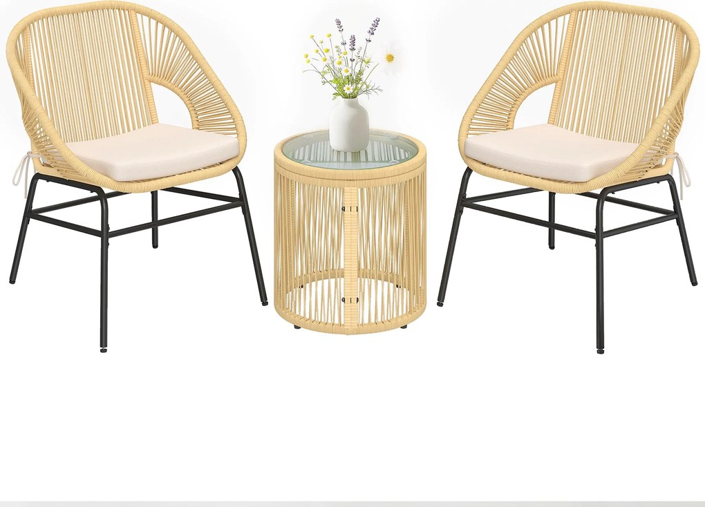 Outsunny 3dílný ratanový bistro set – 2 polstrovaná křesla a tvrzený skleněný stolek, ergonomický nábytek na balkon/terasu, béžová | Aosom
