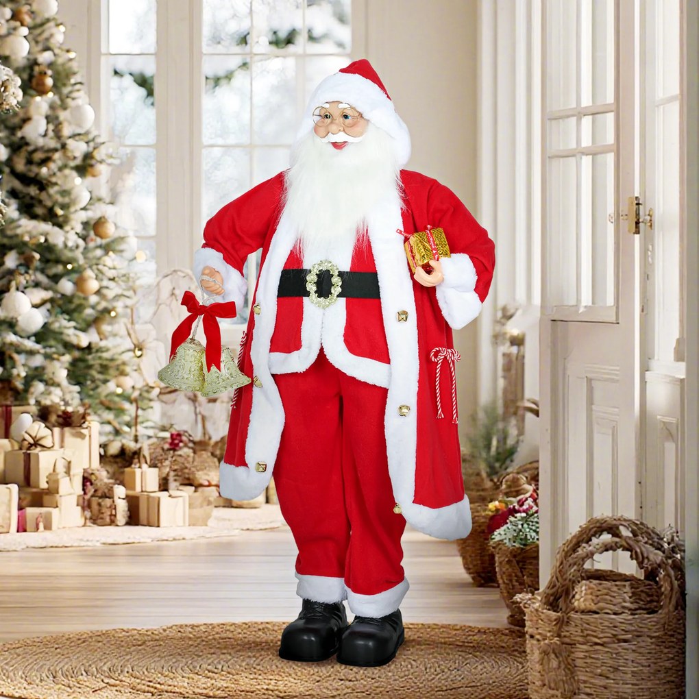 HOMCOM Santa Claus 1,15 m stojící Santa Claus s dárkem a vánoční zvonkohrou do interiéru, červený