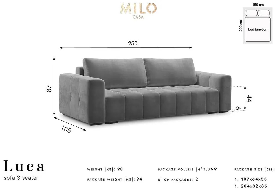 Tmavě šedá sametová rozkládací/s úložným prostorem pohovka 250 cm Luca - II. jakost – Milo Casa