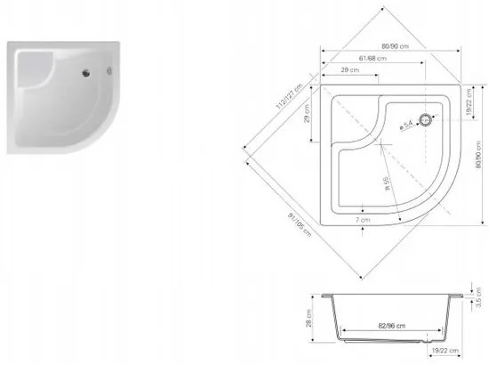 Aqualine Sprchová vanička čtvrtkruhová 900x900 mm, včetně nožiček, R550, bílá C93